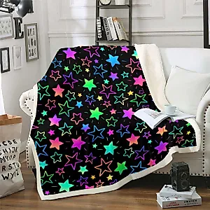 Kawaii Glitter Stars Throw Blanket for Bed Rainbow Glowing Star Fleece Blanket Psychedelic Space Cosmos Travel Blanket Queen Size Colorful Neon Light Star Blanket Girls Cute Fuzzy Blanket Cozy