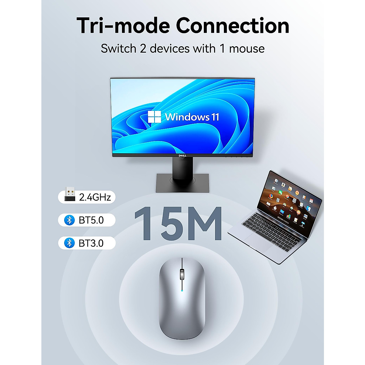 TECKNET Wireless Mouse, BT5.0/3.0 2.4GHz Silent Computer Mouse with USB Receiver,4000DPI Rechargeable Portable Bluetooth Mouse for Laptop/MacBook/Pro/iPad/Windows