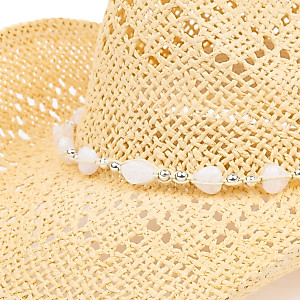 TOVOSO Western Cowgirl, Straw Cowboy Hat for Women with Shapeable Brim, Beaded Hearts Trim, Beige