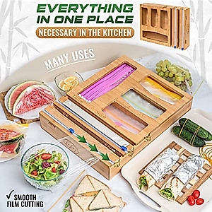 KitchenBe1 - Ziplock Bag Organizer together with Foil and Plastic Wrap Dispenser Cutter, Storage for Drawer or Wall, Zip Lock Sandwich Baggie Container Organization Bamboo, Natural (BambooBox01)