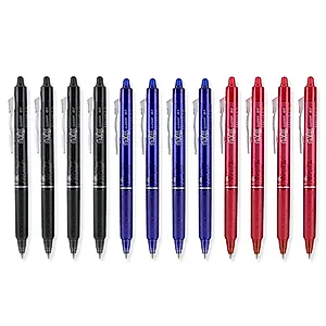 Pilot FriXion Clicker Retractable Erasable Gel Pens, Fine, Red, Blue, Black, 12 Pens