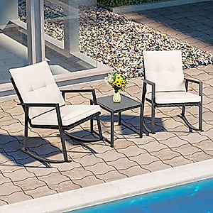 Shintenchi 3 Pieces Rocking Bistro Set Wicker Patio Outdoor Furniture Porch Chairs of 2 Outdoor Furniture Rattan Chair Conversation Sets with Glass Coffee Table (Beige)
