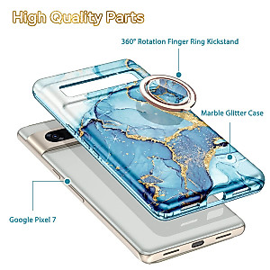 Hekodonk for Google Pixel 7 Case,Heavy Duty with Rotation Ring Kickstand Magnetic Car Mount Full Body Shockproof Rugged Protection Slim Marble Phone Case Cover for Google Pixel 7 Blue Marble