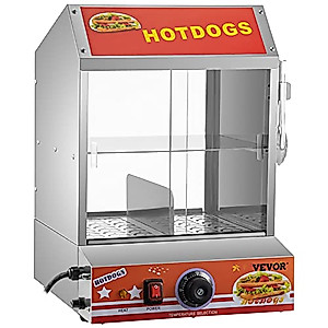 VEVOR Hot Dog Steamer, 27L/24.52Qt, 2-Tier Hut Steamer for 175 Hot Dogs & 40 Buns, Electric Bun Warmer Cooker with Tempered Glass Slide Doors Partition Plate Food Clip PTFE Tape, Stainless Steel