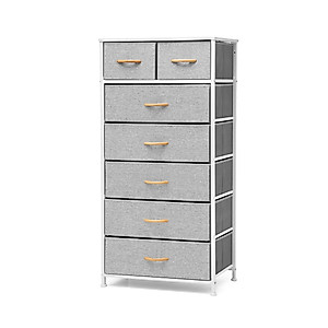 Pellebant Dresser for Bedroom with 7 Drawers, Tall Dresser Vertical Storage Tower, Sturdy Metal Frame, Fabric Storage Bins with Wooden Handle, Wooden Top, Organizer Unit for Closet/Hallway, Light Grey