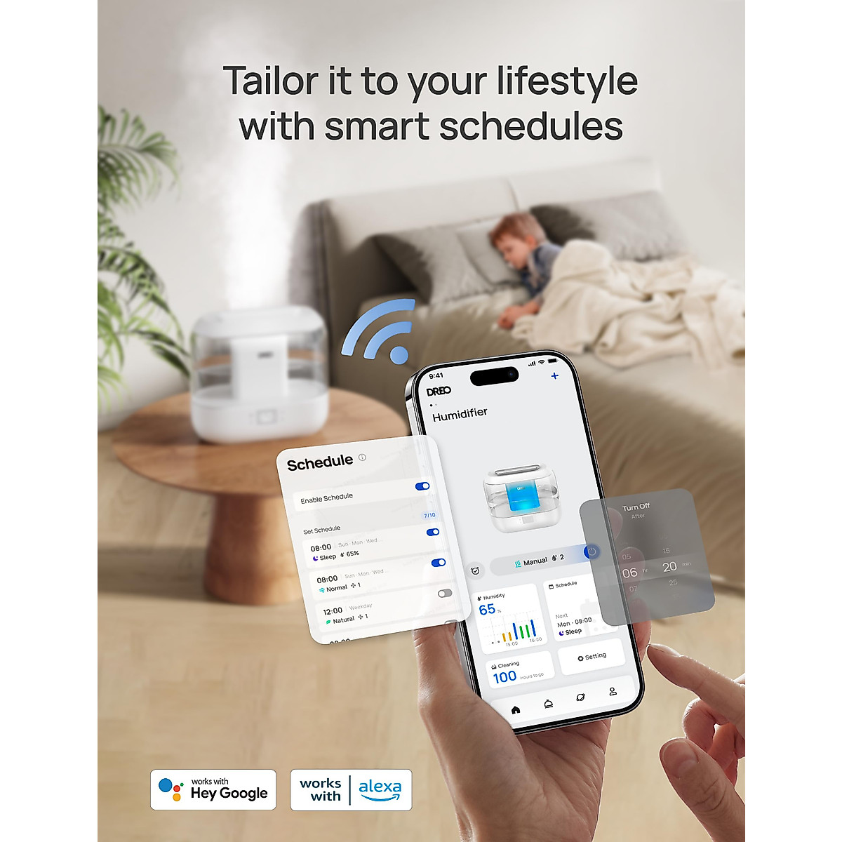 Dreo Smart Humidifier, Cool Mist Humidifiers for Bedroom, Quiet 4L Top Fill Ultrasonic Humidifiers for Home Office Plant & Baby with Nightlight, LED Display, 32H Runtime, APP/Voice Control, HM311S