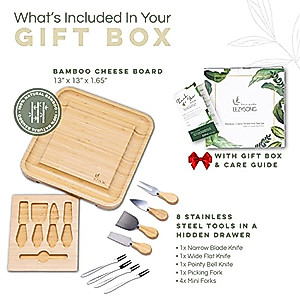Bamboo Cheese Board and Knife Set - Includes a Secret Drawer with Stainless Steel Fork and Cheese Knife Set for Charcuterie Board Party Serving Tray - Thoughtful Wedding Anniversary Housewarming Gifts