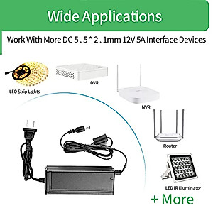 [UL Certified] AC 100-240V to DC 12V 5A Power Supply Adapter Switching + AC Cord Cable 5.5mm x 2.1mm for CCTV Camera DVR NVR Led Light Strip UL Listed FCC