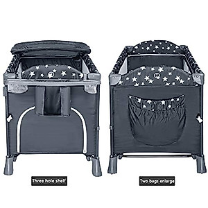 Heyo.Ja Portable Baby Playard, 4 in 1 Pack and Play, Baby Bedside Sleeper with Bassinet, Changing Table, Foldable Bassinet Bed with Luxury Mosquito Net for Boys Girls Infant(Gray)