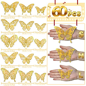 60 Pcs 3D Iridescent Gold Butterfly Decorations,Sequined Gold Room Decor with Set 5 Style Decorative Paper Butterfly for Party Birthday Baby Shower Decorations Wedding Decor DIY Gift( (Sequined Gold)