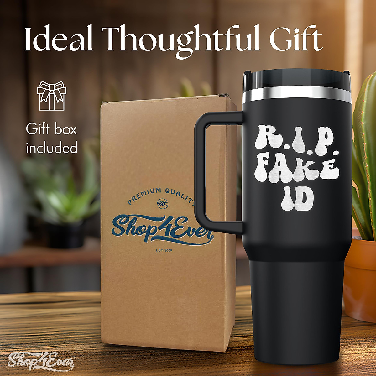 shop4ever RIP Fake ID 21 Twenty One Engraved Insulated Stainless Steel Tumbler with Handle, Lid, and Straw 40 oz. 21st Birthday Gift (Black)