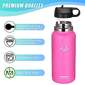 Frenchy EU Sports Water Bottle - 32 OZ, lids (Straw lid) Stainless Steel, Vacuum Insulated, Wide Mouth, Leak Proof, Reusable, Ecologique (Sandy Brown)