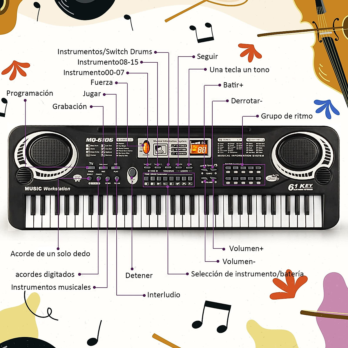 Simhoa 61-Key Digital Piano Keyboard with Microphone USB Rechargable for Bar Stage
