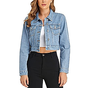 PEIQI Women’s Cropped Jean Denim Jacket Button Down Long Sleeve with Pockets Light Blue Medium