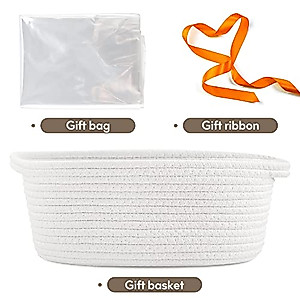 Pro Goleem Small Woven Basket with Gift Bags and Ribbons Durable Baskets for Gifts Empty Small Rope Basket for Storage 12"X 8" X 5" Baby Toy Basket with Handles,White