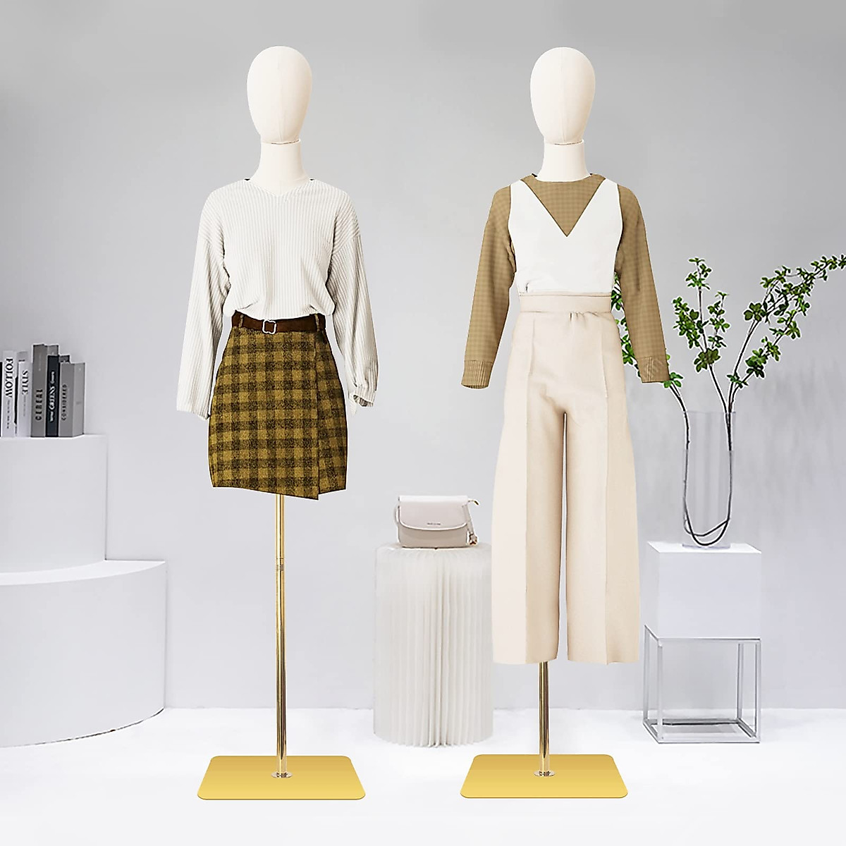 Female Mannequin Torso Dress Forms for Sewing Manicanequin Body Gold Metal Stand Detachable Head for Clothing Dress Jewelry Display, No Hands