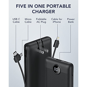 VRURC Portable Charger Built-in Cables and AC Wall Plug, USB C Power Bank 10000mAh, [2023 Upgraded Version] Phone Charger Compact Lightweight External Battery Pack for Smart Phones, Tablets etc-Black