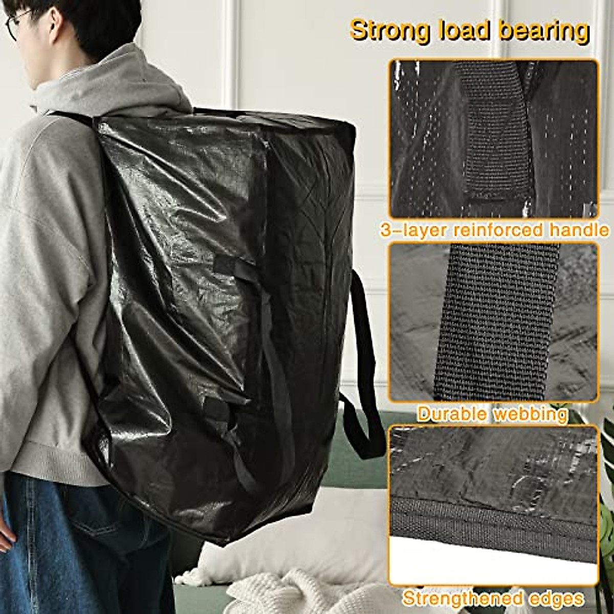 Fixwal Large Moving Storage Bags with Backpack Straps Strong Handles & Zippers, Black Foldable Heavy-Duty Tote for Space Saving, Alternative to Moving Boxes, Plastic Storage Bins (Set of 5)