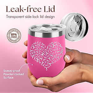 shop4ever Breast Cancer Awareness Pink Ribbon Heart Engraved Insulated Stainless Steel Wine Tumbler with Lid 12 oz. Gift for Her (Pink)