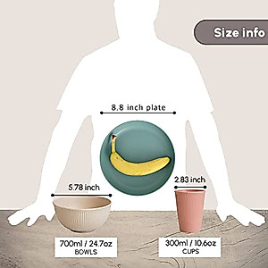 Wheat Straw Dinnerware Sets -Multicolor Dinnerware set w/Wheat Straw Plates, Bowls & Utensils - Dishwasher & Microwave-Safe Dishes Set for 4 - Seniors & Kids Plates and Bowls Sets by Slow Hour