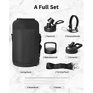 Trebo Half Gallon Water Bottle with Paracord Handle 64oz Wide Mouth Insulated Double Wall Stainless Steel Large Sports Flask Keep Hot 24 Hours & Cold 48 Hours Water Jug with 3 Lids, Black