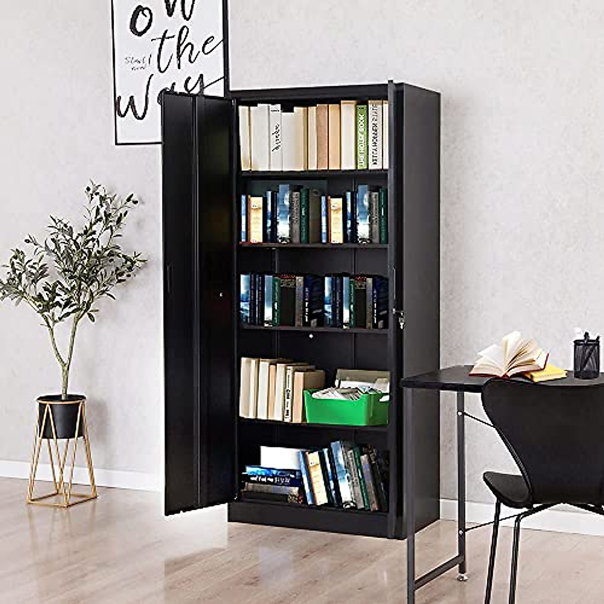iCHENGGD Metal Storage Cabinet with 2 Door and 4 Adjustable Shelves, 70.8 inch Tall Steel Cabinet for Warehouse, Garage, Home, Office,Easy Assemble Required (Black)