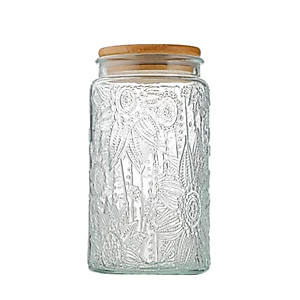 ANSQU Vintage Glass Storage Jar, 34 FL OZ Glass Food Storage Containers with Bamboo Lid, Airtight Cookie Jar Candy Jar for Kitchen Counter, Pantry, Coffee, Tea, Sugar (Round, Sunflower)