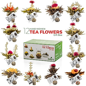 Tealyra - 12 pcs Blooming Tea and 30.5-ounce Glass Teapot Set - 12 Variety Flavors of Finest Flowering Teas - All Tea Balls Individually Sealed - Great Gift Bloom Teas Box