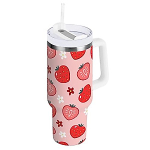 ARGTILDN 30 oz Tumbler Strawberry Flower Cartoon Insulated Travel Mug with Handle and Straw Lid Stainless Steel Vacuum Coffee Cup Tea Beverage Container Water Bottles for Car Sports office