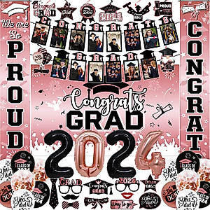 2024 Pink Graduation Decorations, Pink Graduation Banner Class of 2024 Pink and Black Graduation Party Supplies Balloons Graduation Photo Props Decorations Class of 2024 Pink Congrats Grad 2024