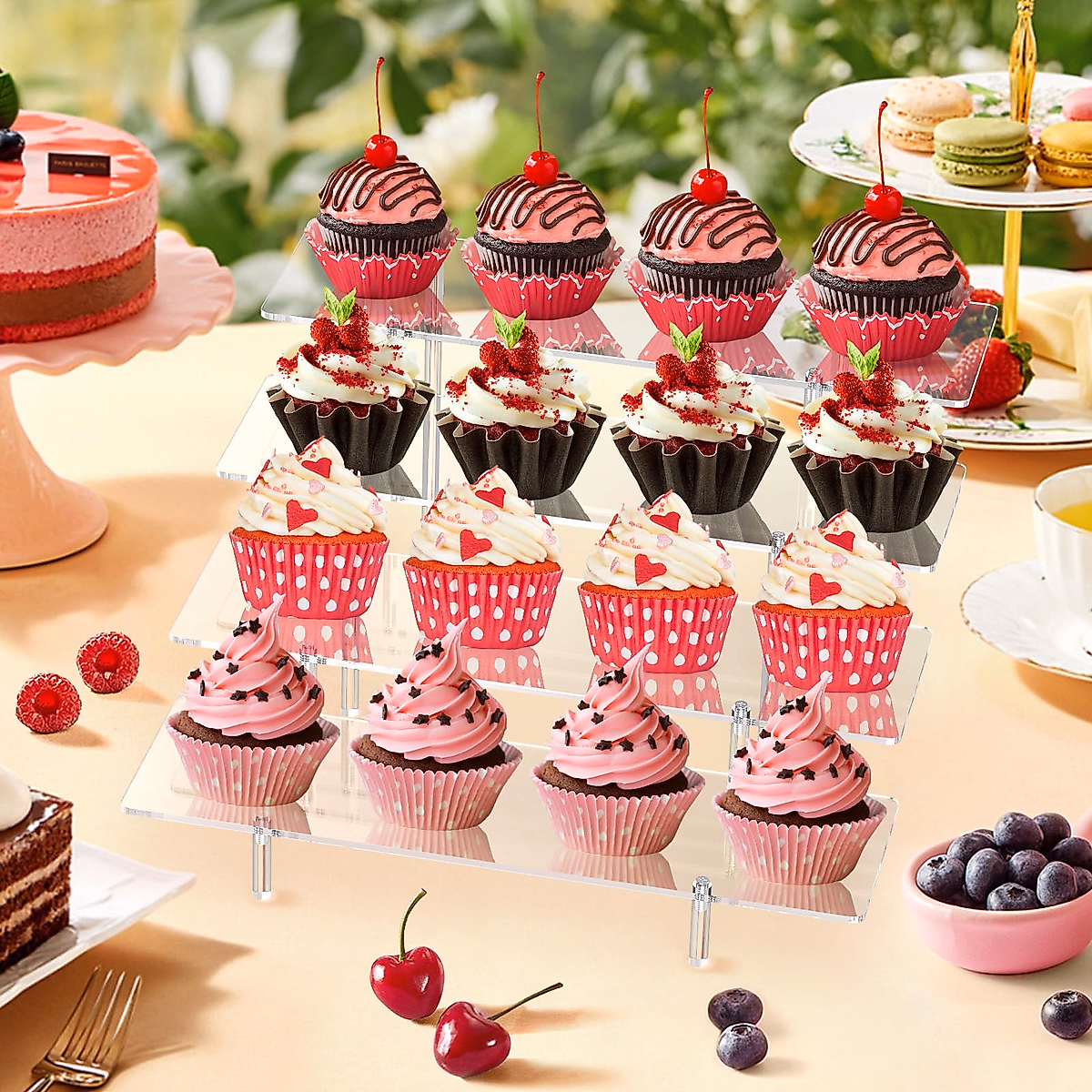Acrylic Display Riser Stand Shelf Clear 4 Tier Cupcake Stand Perfume Display Holder Figures Desktop Decoration and Organizer Showcase Toys Retail Display Rack Candy Dessert Buffet 4 Step Collection (1 PACK)