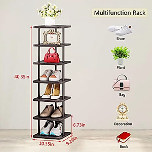 SORCEDAS Shoe Rack Organizer 7 Tier Vertical Storage Stand Narrow Shelf for Small Spaces Entryway Corner Closet Door Bedroom Black (Black + Rustic Dark Brown, 7 Tier-Small)