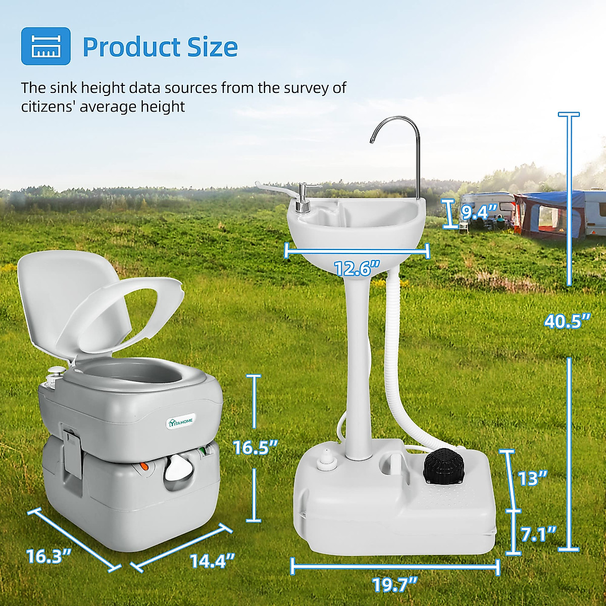 YITAHOME Portable Sink and Camping Toilet, 17 L Hand Washing Station & 5.8 Gallon Portable Toilet with Level Indicator and Rotatable Spout for Outdoor, Indoor, RV, Boat, Camper, Worksite, Travel