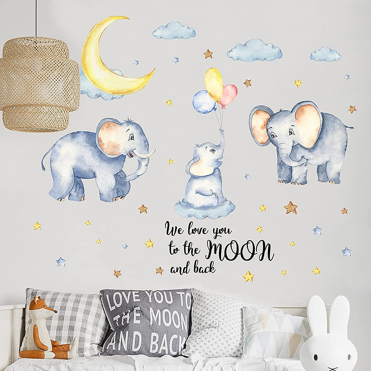 Elephant Wall Stickers for Baby Nursery Wall Decor, Elephant Nursery Wall Dacal Decor for Girls Baby Boy, We Love You to The Moon and Back Elephant Decor for Baby Room Kids Bedroom Playroom Art Gift
