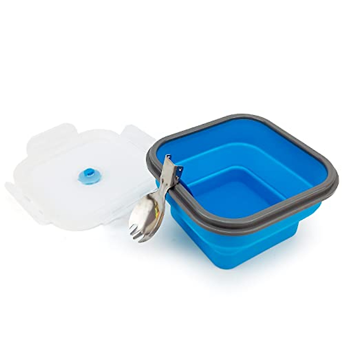 CARTINTS 900ml Collapsible Bowl With Plastic Lid for Camping, Silicone Lunch Container Set Includes Foldable Spoon, Space-Saving Travel Food Container, Microwave Freezer Safe, Blue