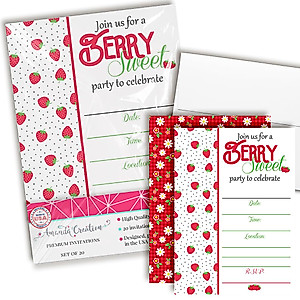 Strawberry Themed Birthday Party Invitations, 20 5x7 Fill In Cards with Twenty White Envelopes by AmandaCreation