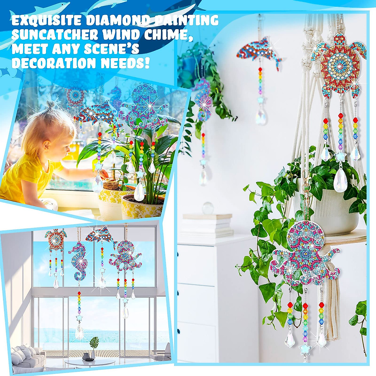 4 Pcs Diamond Painting Suncatcher Wind Chime Sea Animal Double Sided Crystal Rhinestone Big Gem Painting Suncatcher Hanging Ornament for Adults Kids Home Window Decor (Sea Style)