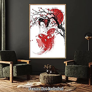 Canvas Wall Art Japanese Geisha Canvas Print Artwork Red Sun And Japanese Woman Wall Art Paintings Modern Picture Print Unframed for Living Room Dinning Room Bedroom Bathroom Home Decor 20x30inch