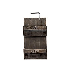 Rae Dunn Wall File Holder – 2 Tier Vintage Wooden Inbox and Outbox with Galvanized Steel Wire Document and Paperwork Organization and Storage – Mounts to Wall and Doors