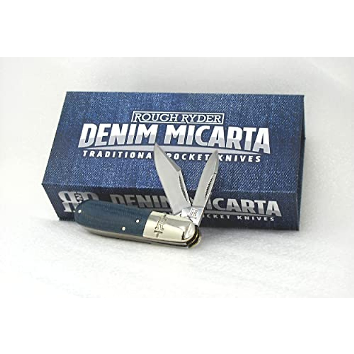 Blue Jean Denim Micarta Handle Rough Ryder Traditional Two Blade Barlow Pocket Knife