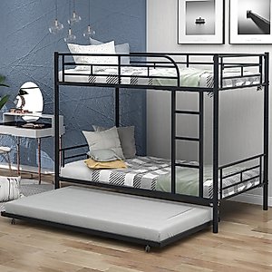 Heavy Duty Metal Bunk Bed Twin Over Twin Bunk Bed with Trundle Bed, Kids Bunk Bed with Ladder and Guardrails, Twin Bunk Beds for Kids, Boys, Girls, Teens, Black Bunk Bed Twin Size