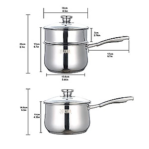 Stainless Steel Saucepan,DERUI CREATION 1.5 QT Food Grade 304 Stainless Steel Soup Pot and Steamer Basket,Cooking Pot with Lid (16cm（1.5QT）, Silver)