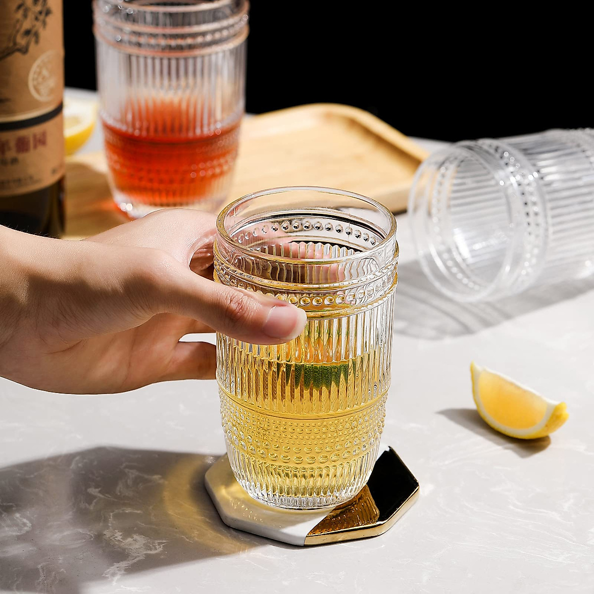 1500° C TABLETOP Vintage Highball Glasses 12.5 oz Set of 6 Romantic Hobnail Drinking Glasses Water Tumblers, Embossed Vintage Drinking Glasses for Beer, Cocktail, Soda, Beverage