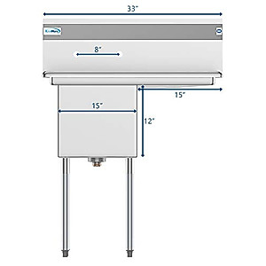 KoolMore 1 Compartment Stainless Steel Commercial Kitchen Prep & Utility Sink with Drainboard - Bowl Size 15" x 15" x 12", Silver
