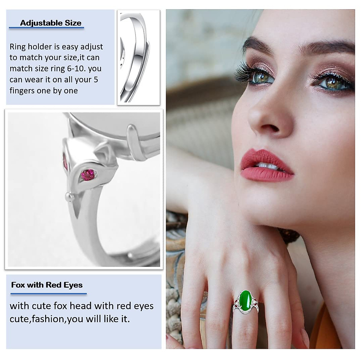 MYLYAHY S925 Sterling Silver Natural Solid Onyx Stone Ring for Women,Cubic Zirconia Eyes Fox/Flower Engraved Agate Stone Rings for Women,Adjustable Handmade Women Turkish Ring Jewelry (Fox_B)