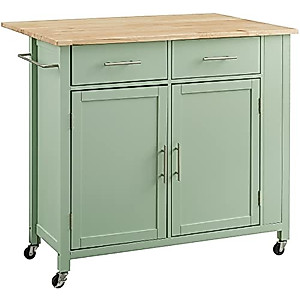 Crosley Furniture Savannah Wood Top Drop Leaf Rolling Kitchen Island Cart with Spice Rack and Shelves, Mint