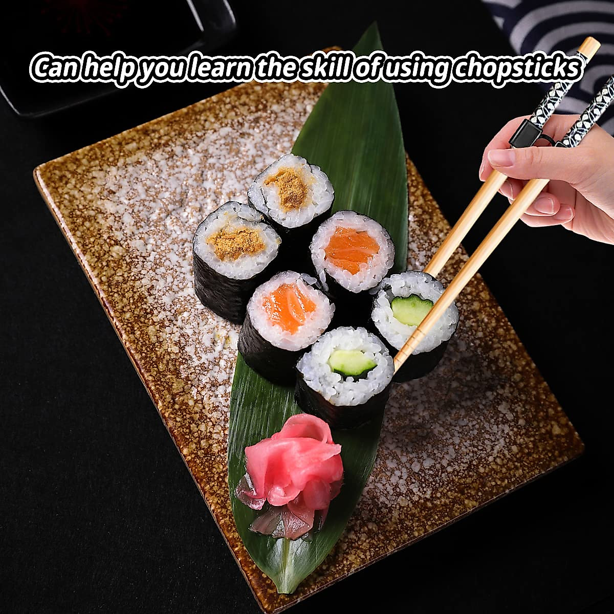 7 Pairs Reusable Training Chopsticks Helpers for Kids Adult Trainer Beginner Learner, Japanese Bamboo Chopsticks and Non-Slip Connector Set, Dishwasher Safe, L8.86Inch (3.Glaze print)