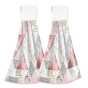 Pink Marble Triangles Kitchen Towels with Hanging Loops 2 Pack, Modern Polygon Abstract Hand Towels for Bathroom Absorbent Coral Velvet Soft Tie Dish Towels Sets