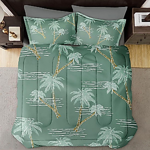 Pinbeam Comforter Set Queen Size, Palm Tree Ocean Retro Soft Bedding Set for Kids and Adults Bedroom Bed Decor, Green Mint Plant Comforter Set with 2 Pillowcases