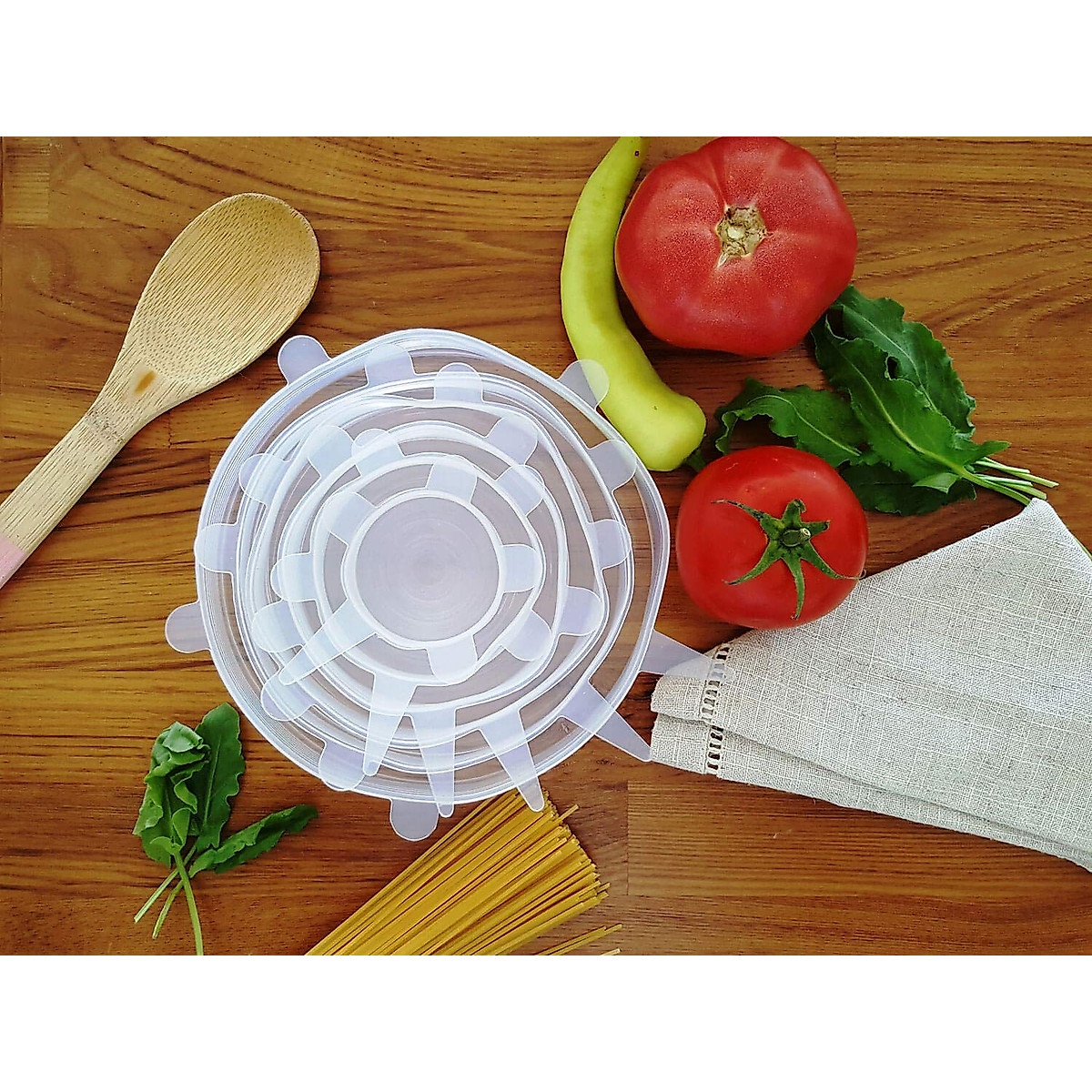 Silicone Stretch Lids, Reusable Plastic Wrap Alternative, 6 Pcs Silicone Lids, Eco Friendly Food Storage Covers for 3” - 11” Container, Bowl, Cup – Dishwasher Safe Bowl Covers, Clear